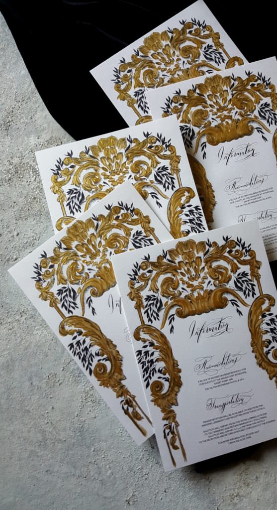 Custom Hand Painted Invitations with strikingly deep hues and gold tinges