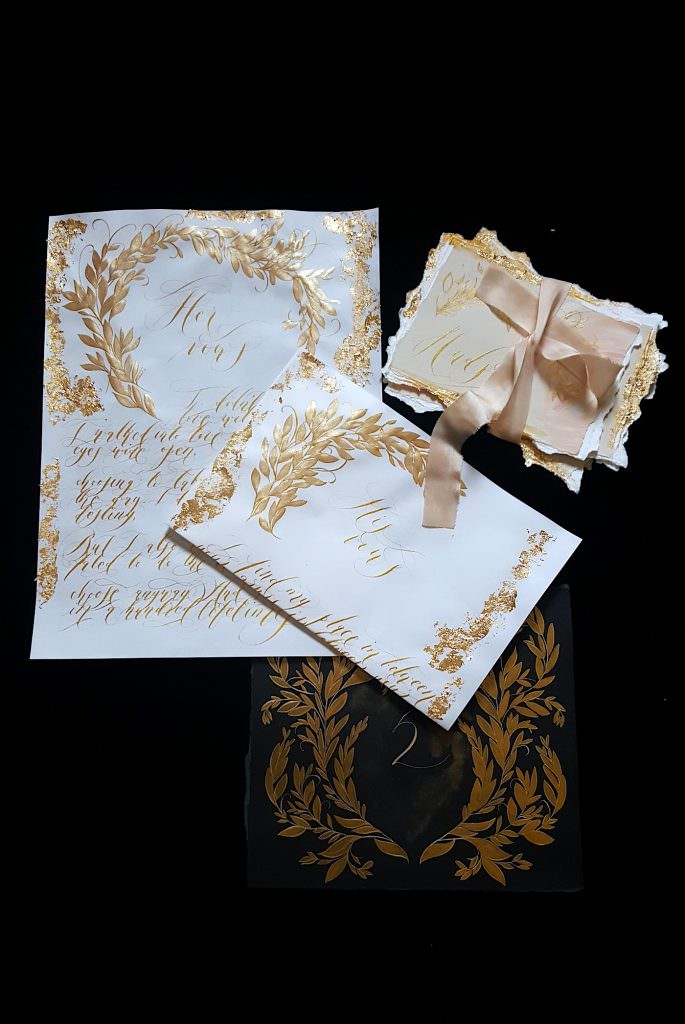 Custom Gold Foil Invitations with Luxurious Tarnished Gold Details