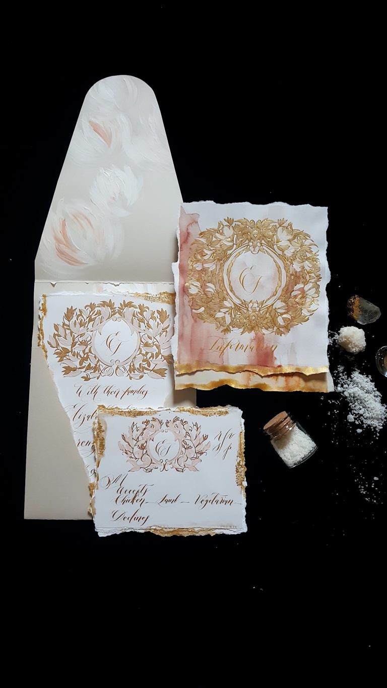Custom Gold Foil Invitations with Luxurious Tarnished Gold Details